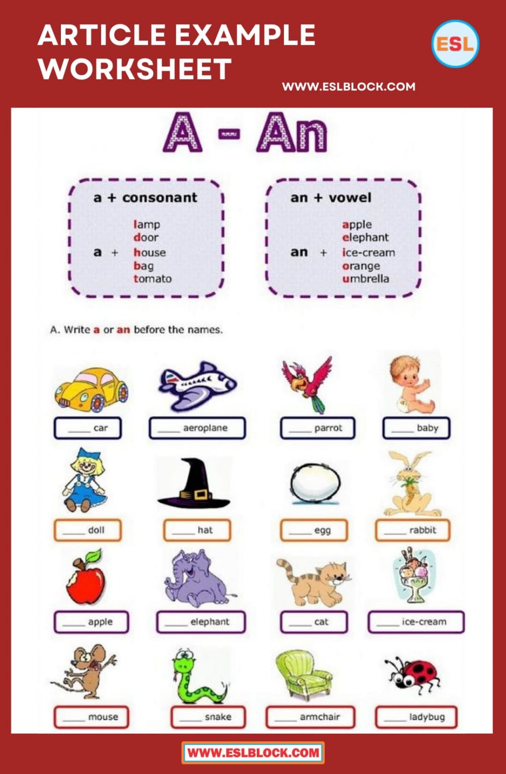 Definite and indefinite articles Worksheet - English as a Second Language