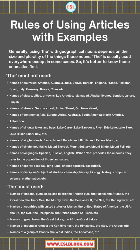 Rules of Using Articles with Examples - English as a Second Language