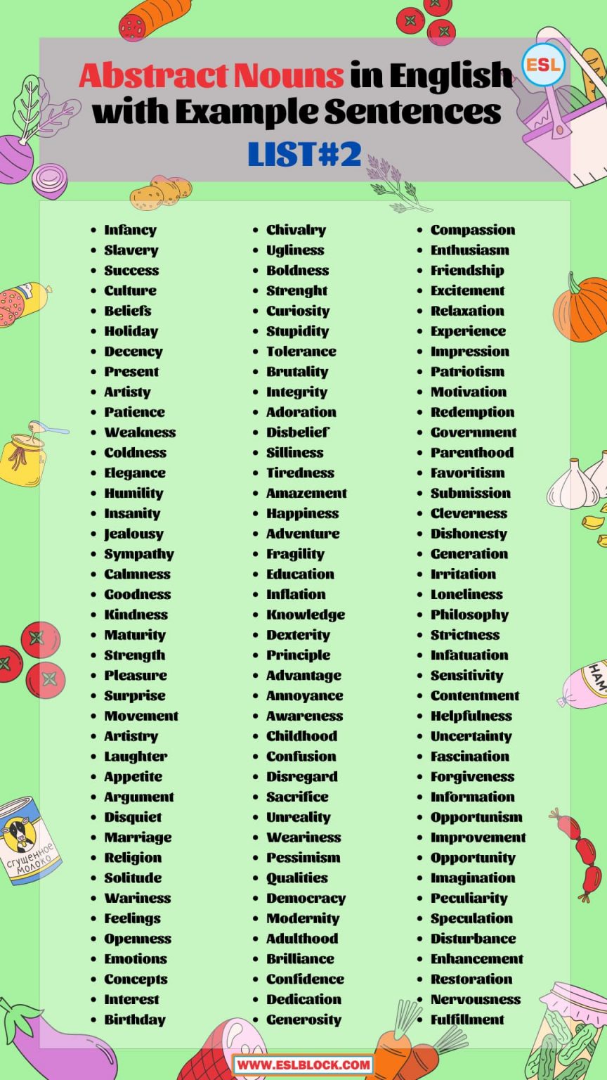 Abstract Nouns in English with Example Sentences - English as a Second ...