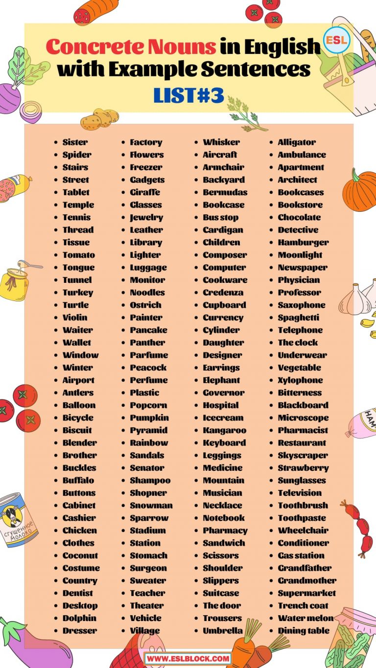 Concrete Nouns in English with Example Sentences - English as a Second ...