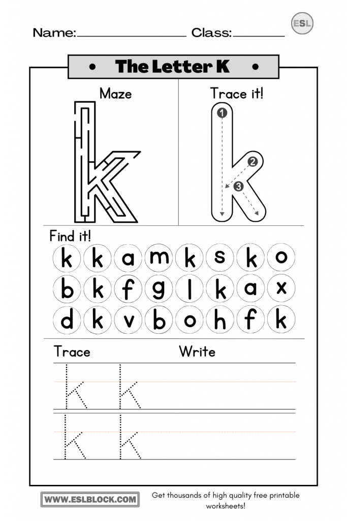 Tracing the Letter K Worksheets - English as a Second Language