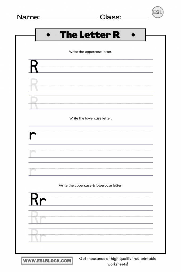 Tracing the Letter R Worksheets - English as a Second Language